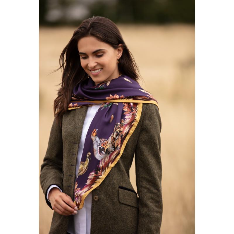 Clare Haggas Grouse Misconduct Large Square Silk Scarf - Aubergine & G ...