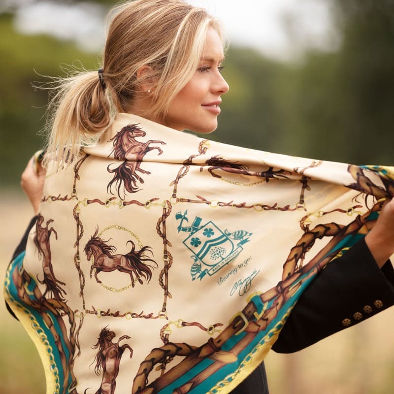 Clare Haggas Rearing To Go Large Silk Scarf - Oyster & Teal – William ...