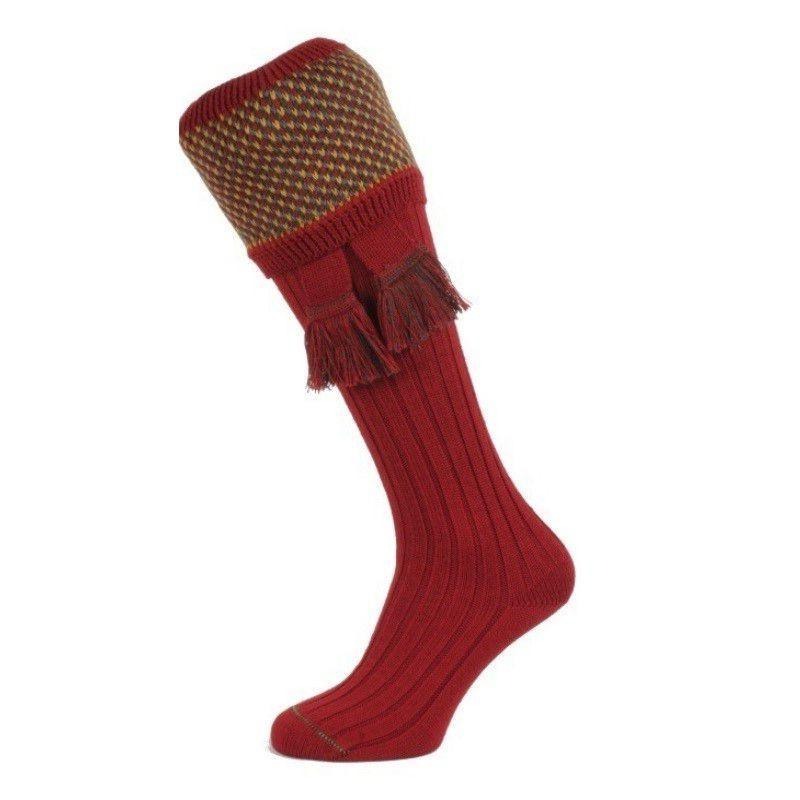 William Powell Tayside Mens Merino Shooting Socks with Garters - Brick